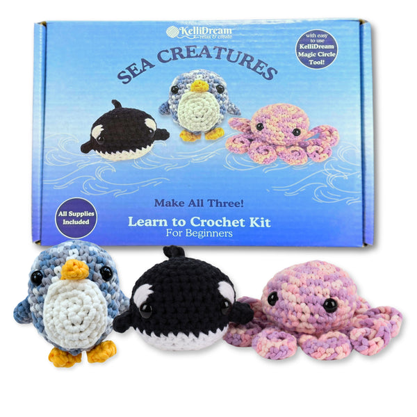 Learn to Crochet Sea Creature Kit Penguin Octopus & Whale (Purple Magi ...